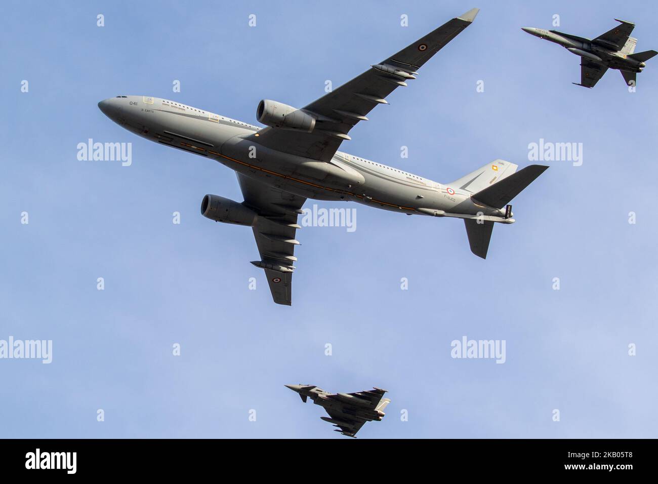 French Tanker and Spanish Air Force Hornet and Typhoon overflying Gando ...