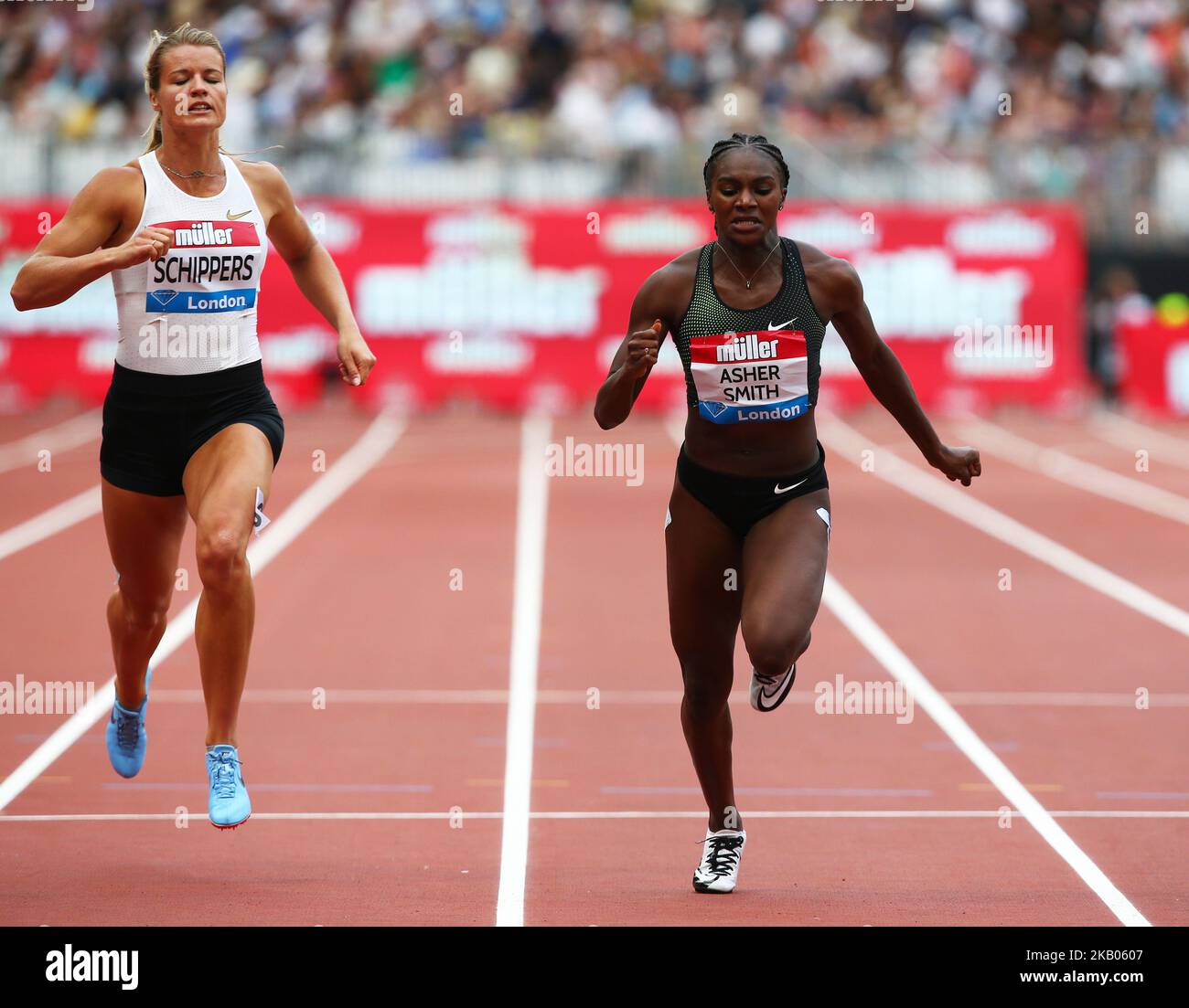 L-R Dafne Schippers of Netherlands Dina Asher-Smith of Great Britain ...