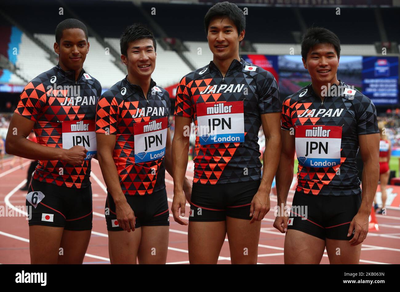 Yuki Koike Shota IIzuka Yoshihide Kiryu and Asuka Cambridge of Japen Relay Team after the 4 x ...