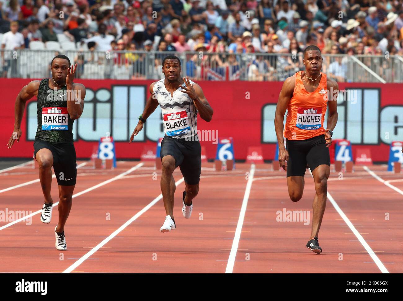 L-R Ronnie Baker of USA Yohan Blake of Jamaica Zharnel Hughes of Great ...