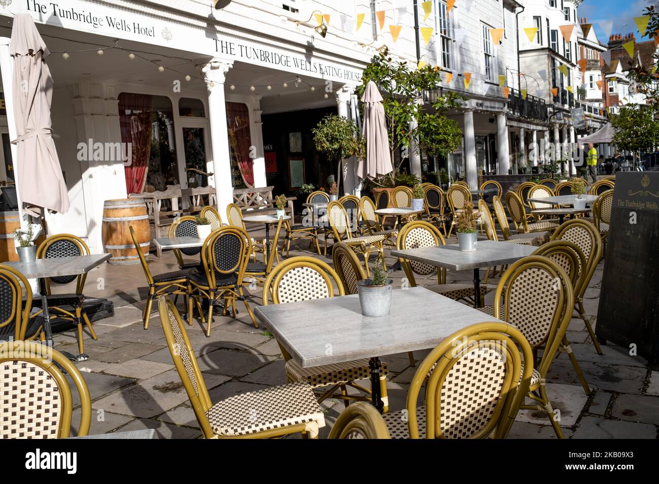 Tunbridge Wells, Kent, UK – October 31 2022. Tables, chairs and outside seating in the historic ...