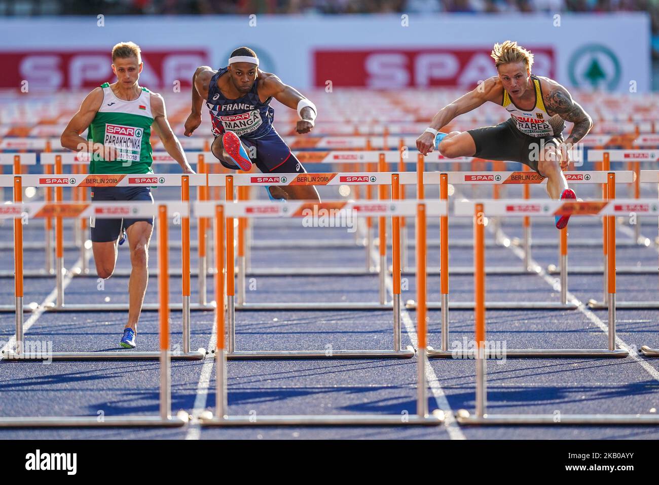 Aurel Manga of France and Gregor Traber of Germany during 110 meter ...