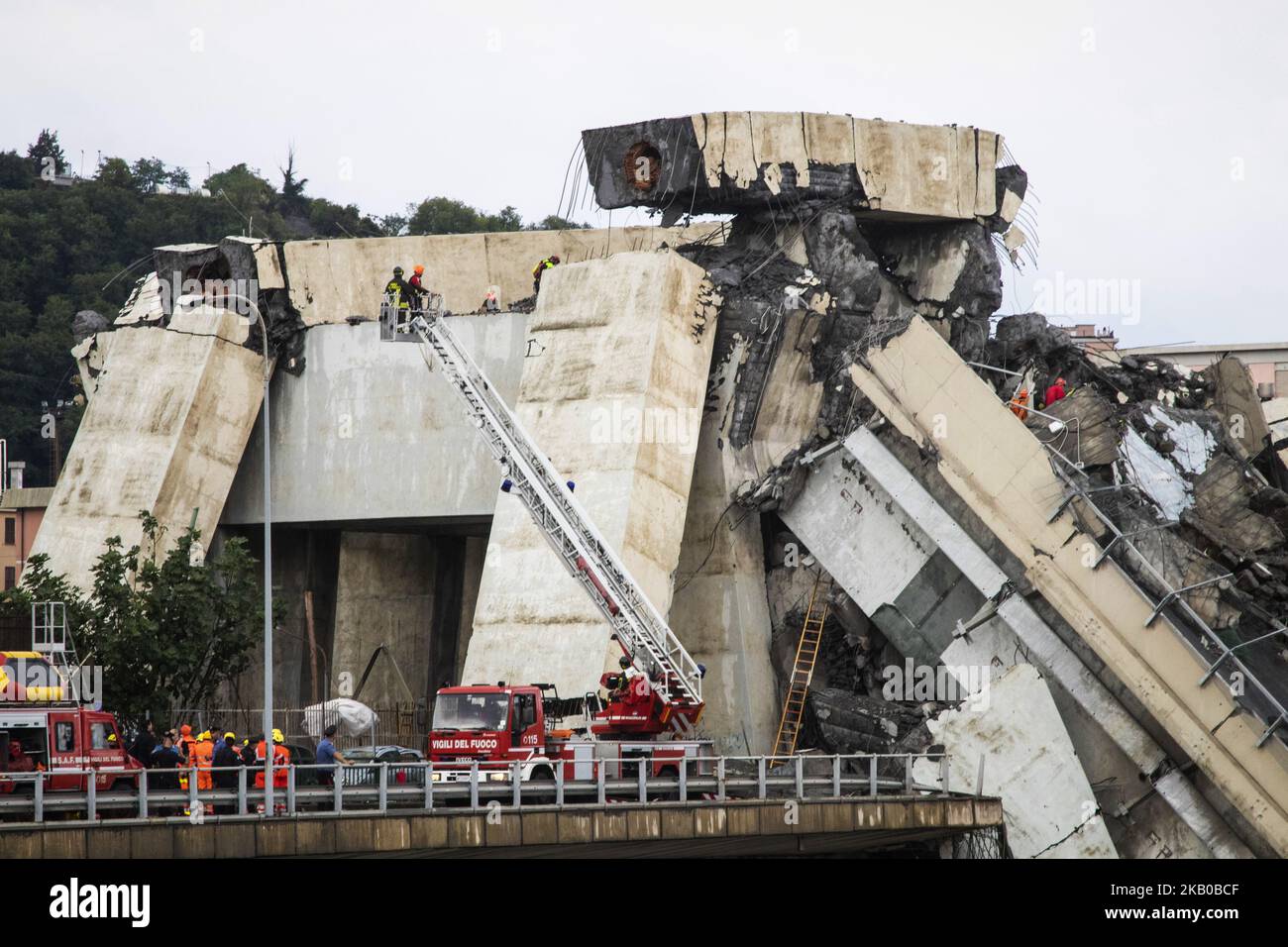 Rescue workers at the Morandi bridge which collapsed on August 14, 2018 ...