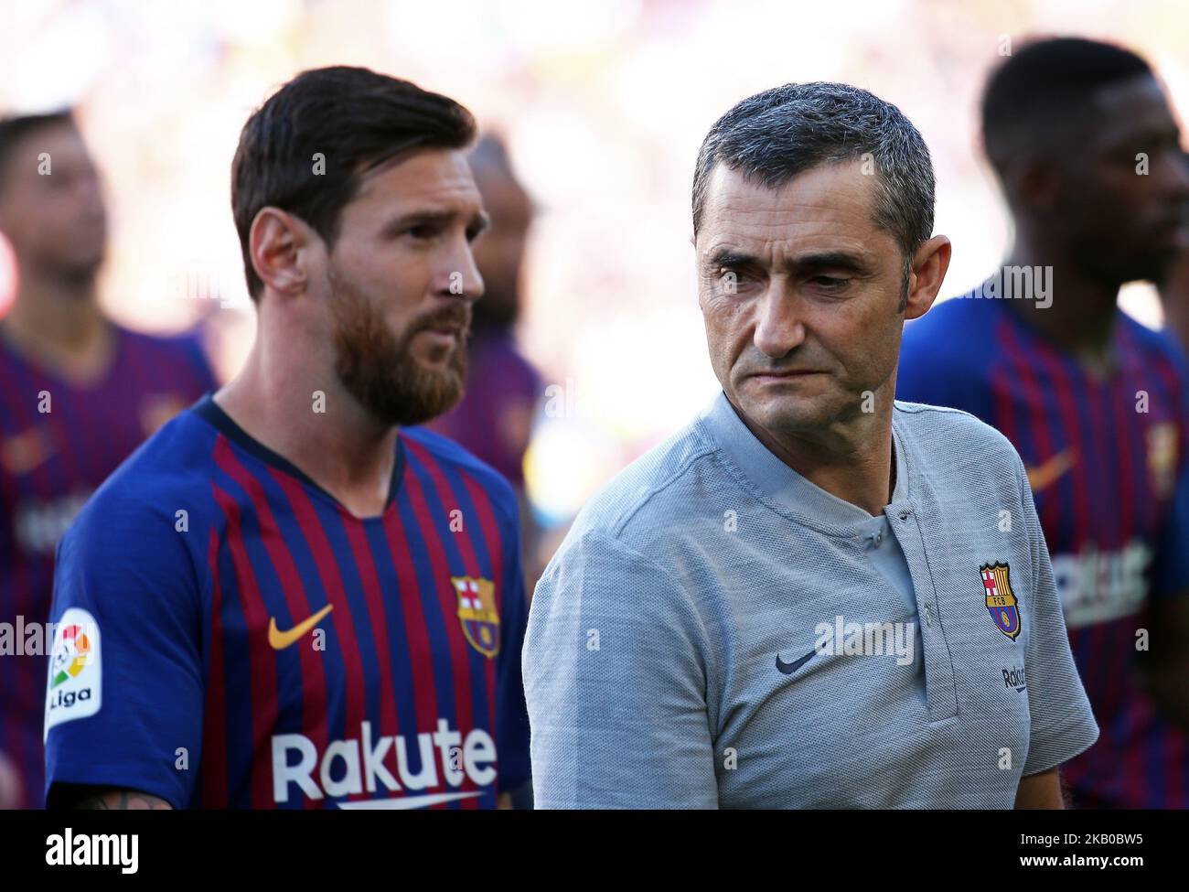 Leo Messi and Ernesto Valverde during the presentation of the team 2018 ...