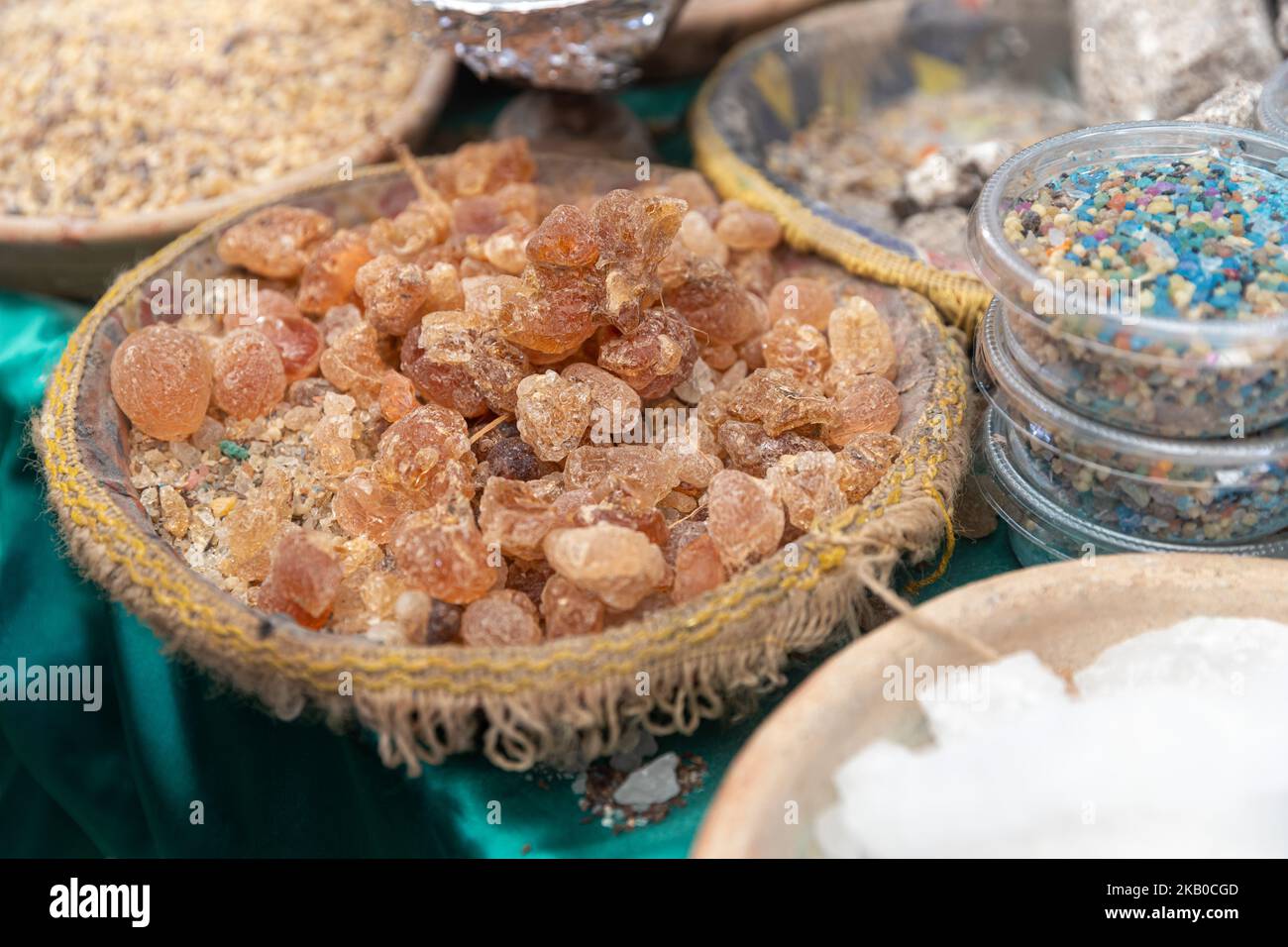 Frankincense, incense, aromatic herbs and spices on street market in ...