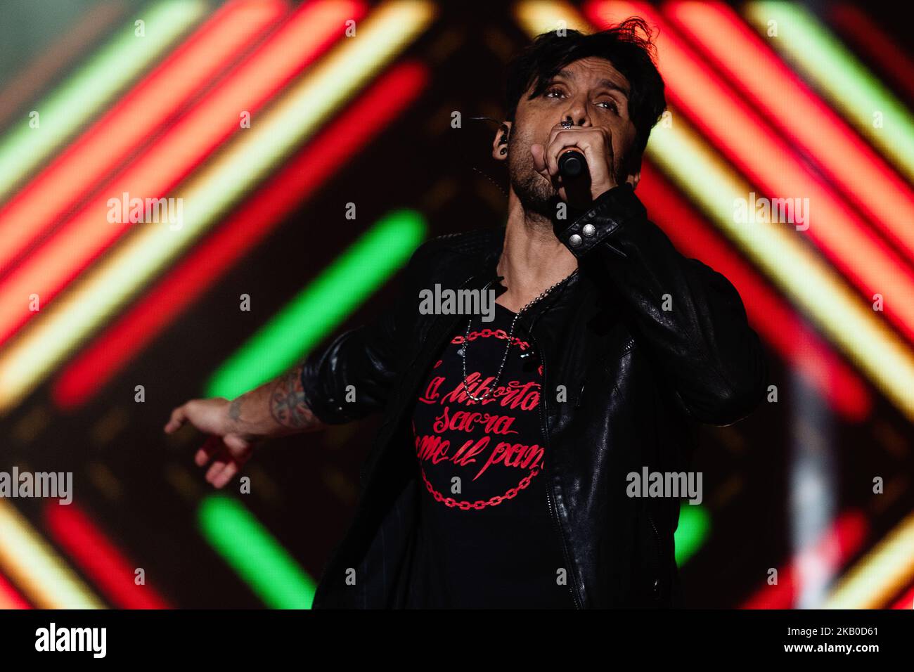 The italian pop singer Fabrizio Moro on stage as he performs at D ...