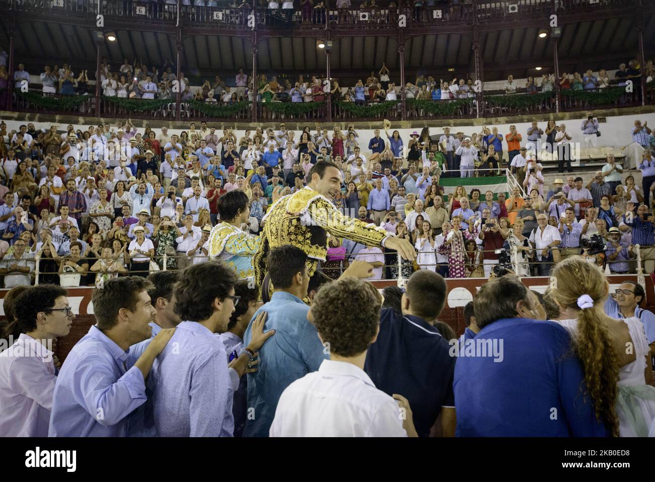 The bullfighters Roca Rey and Ponce celebrating at the Plaza de Toros ...