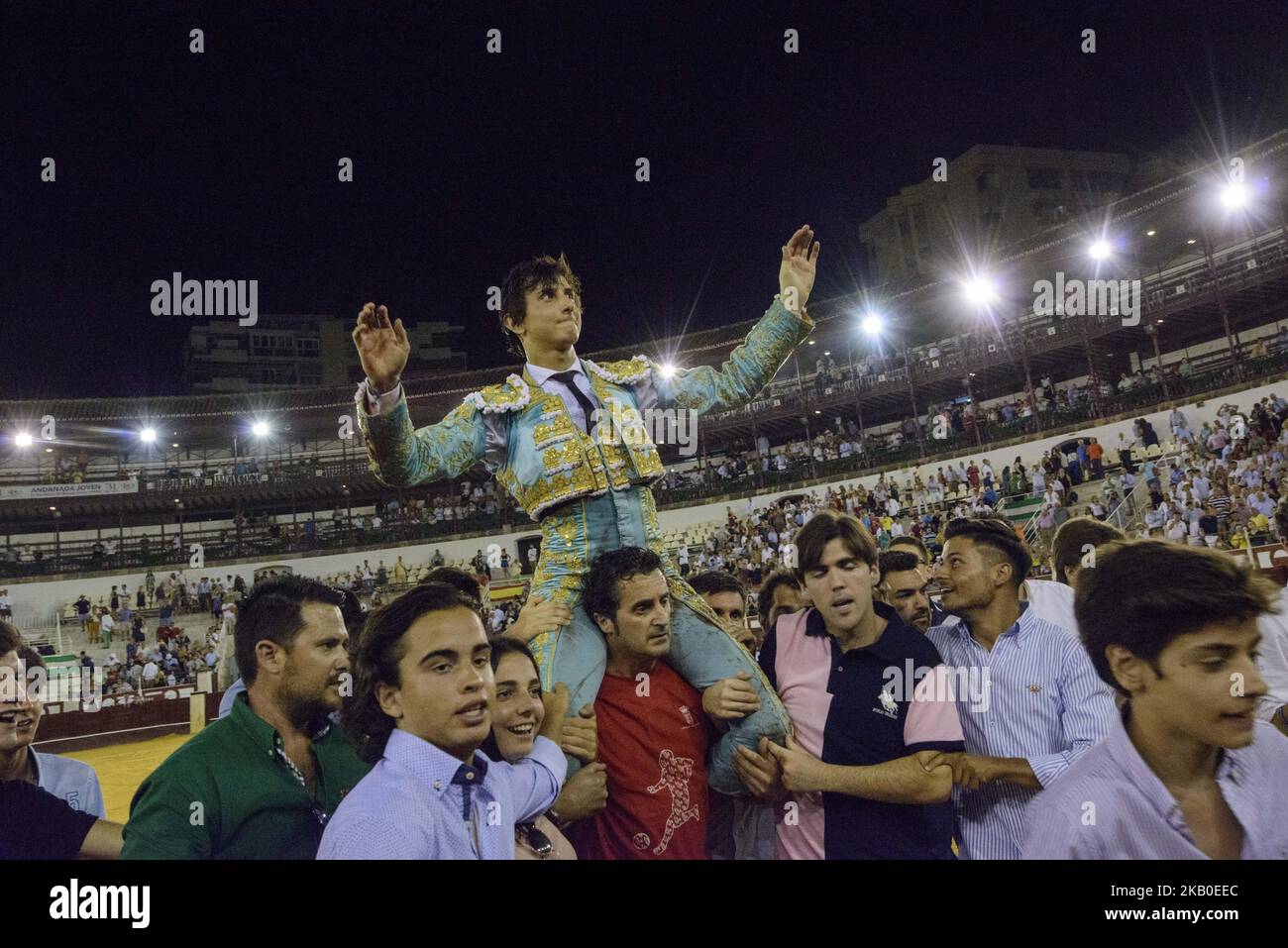 The bullfighter Roca Rey celebrating at the Plaza de Toros of Malaga ...