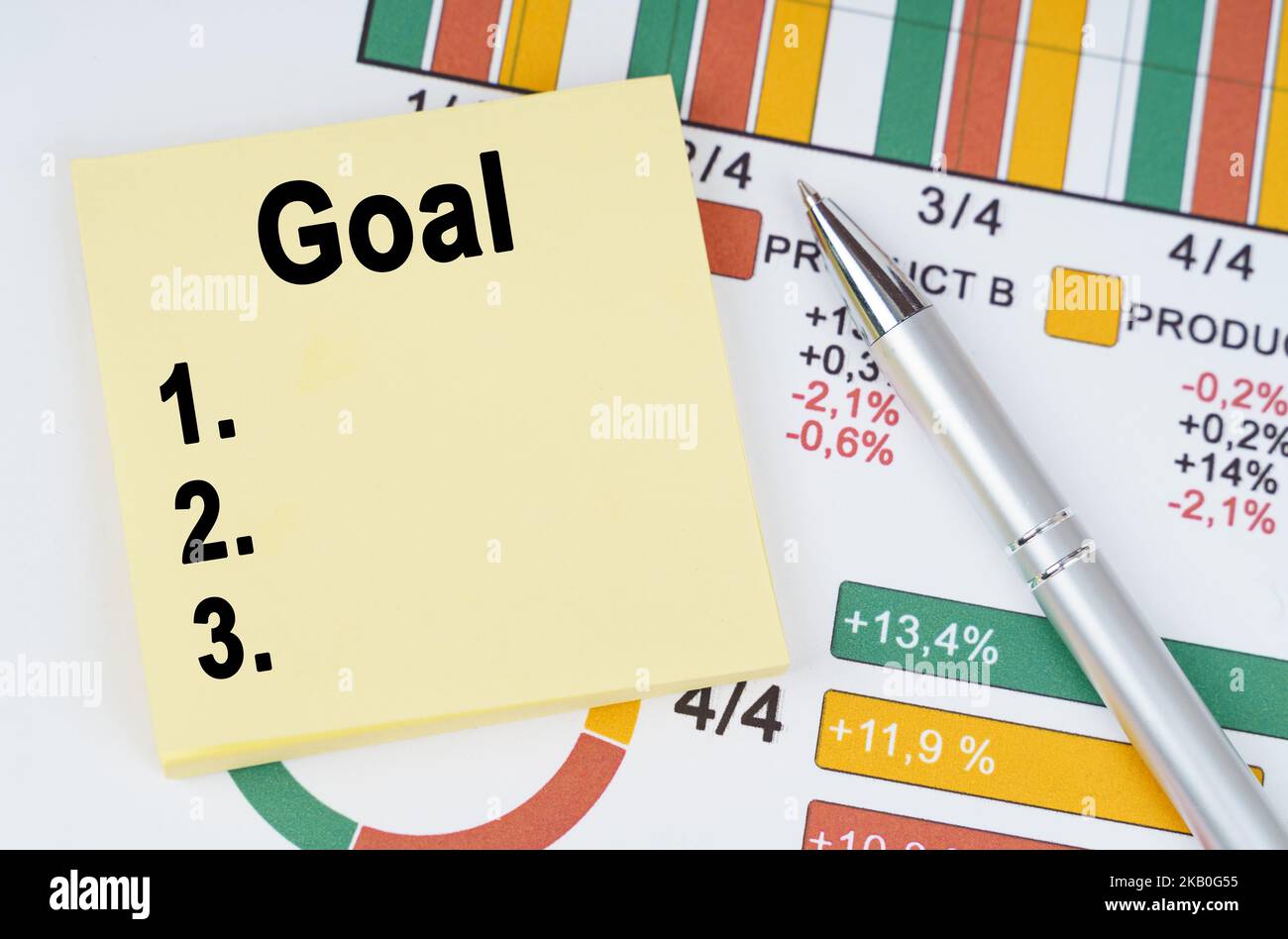 Business concept. On the business charts are a pen and stickers with ...