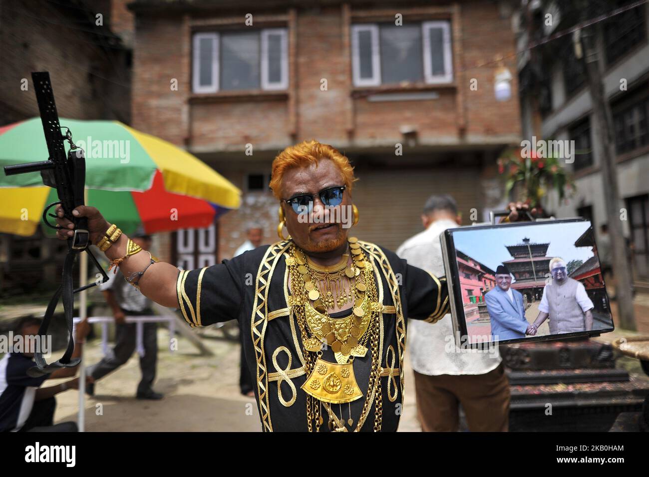 A man caricature as don during parade of Gai Jatra or Cow Festival ...