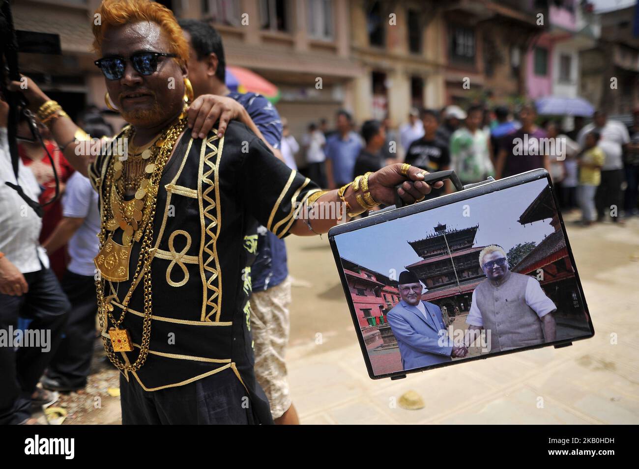 A man caricature as don during parade of Gai Jatra or Cow Festival ...