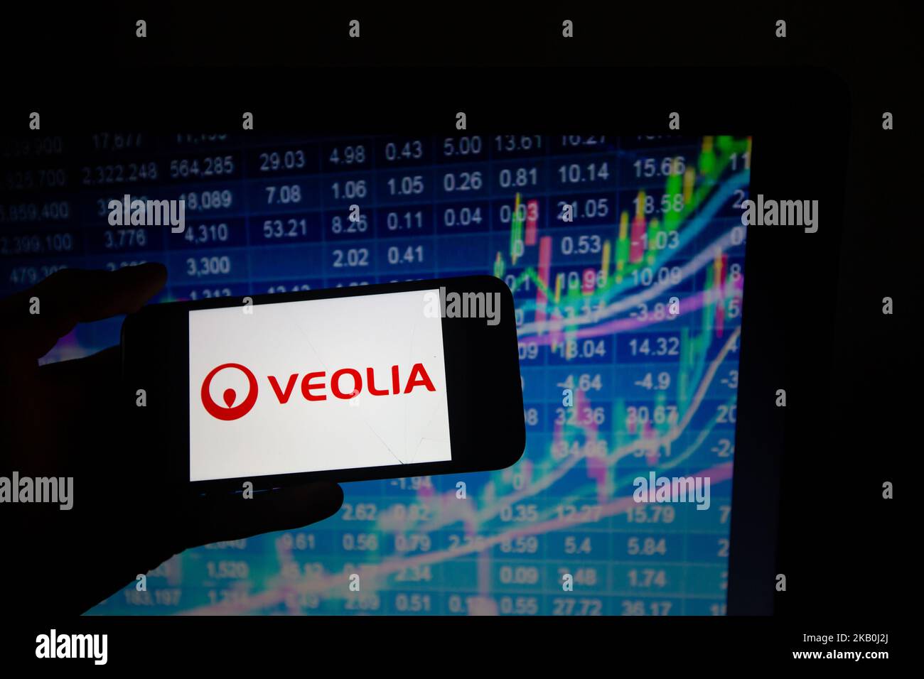 The logo of the french corporation Veolia listed in the CAC 40 in Paris ...