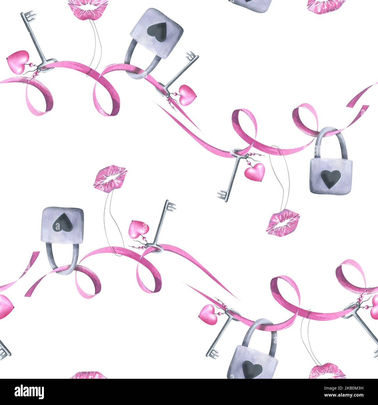 Ribbons with hanging locks, keys and kisses on a white background ...
