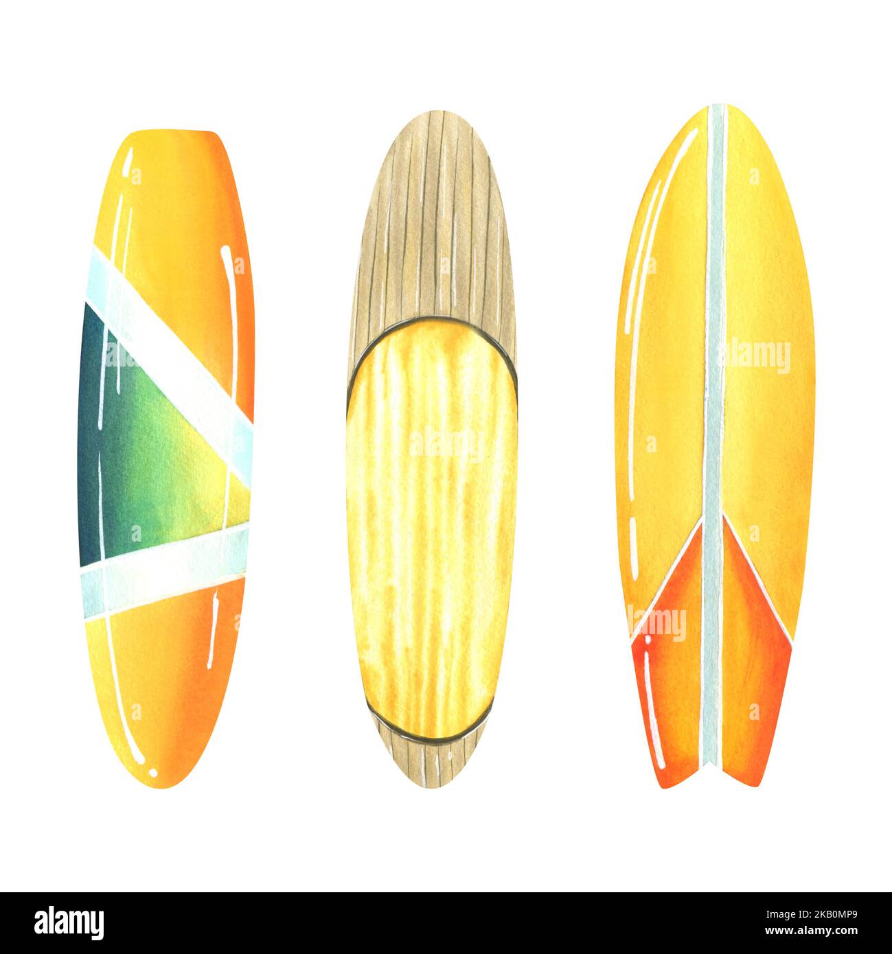Surfboards are multicolored, yellow, orange, wooden texture. Watercolor ...