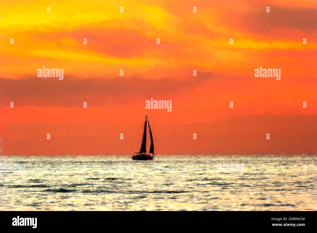 A Sailboat Silhouette Against A Colorful Orange Sunset Sky In Painting ...