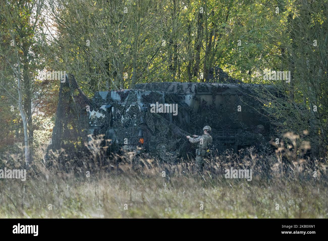 British army British army MAN SV 4x4 logistics lorry truck under camouflage netting in woodland ...