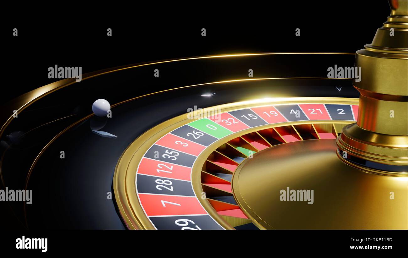 A white ball rolling over a black and gold roulette wheel in the Casino ...