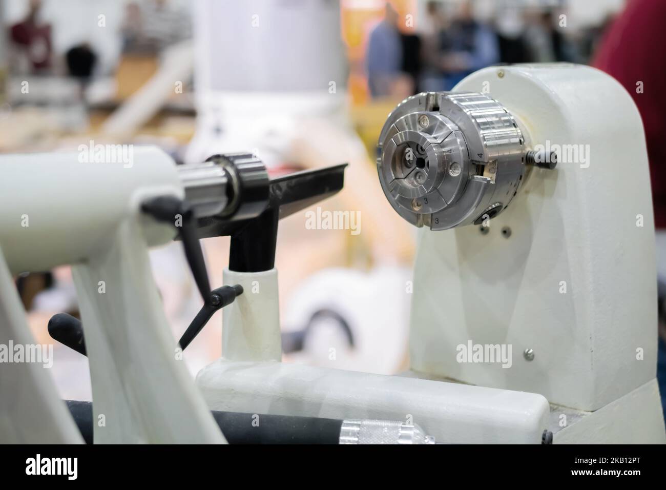 Close up view of wood turning lathe machine at workshop Stock Photo - Alamy