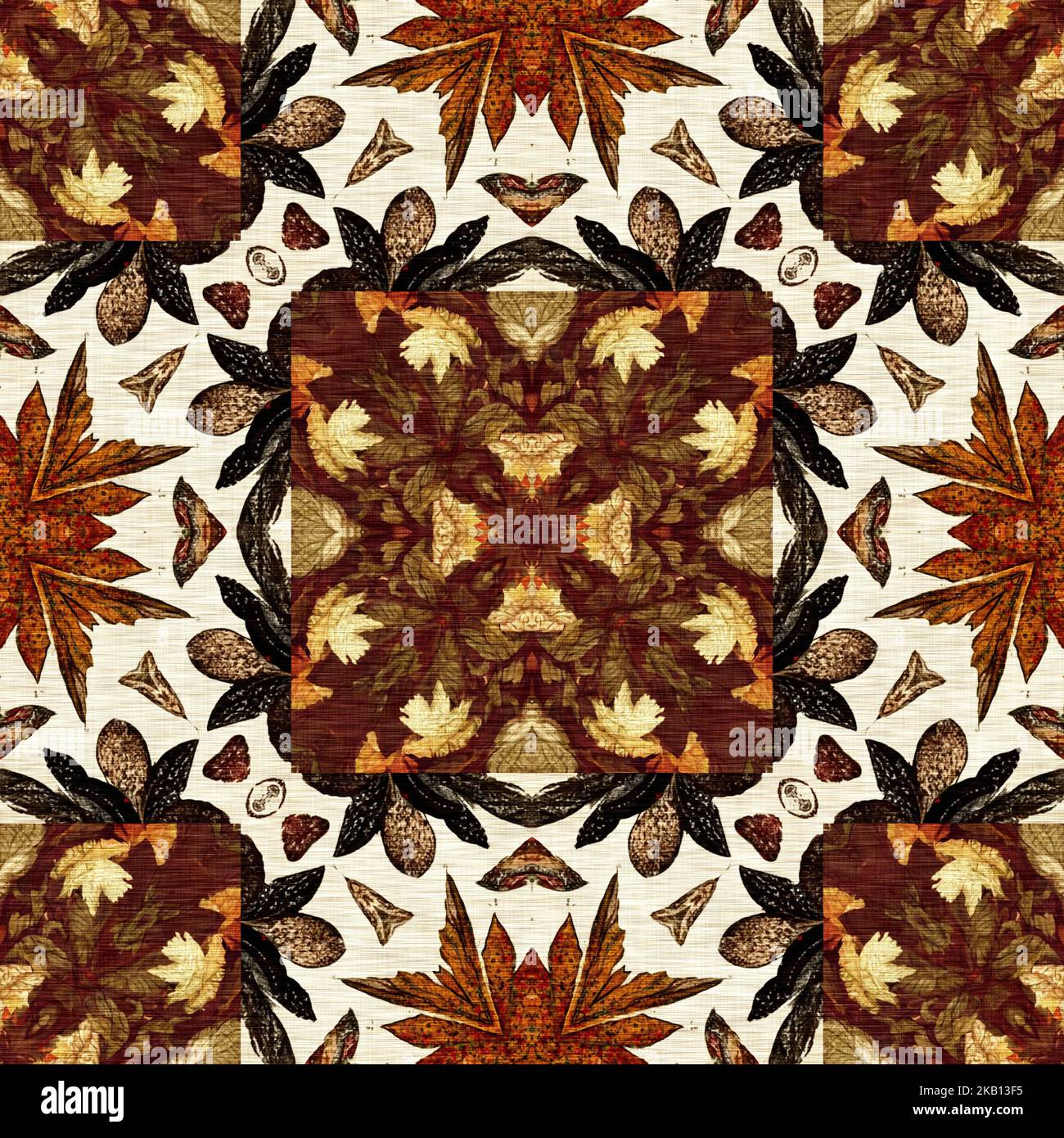 Autumn leaf quilt style vintage seamless pattern. Homely cottage core ...