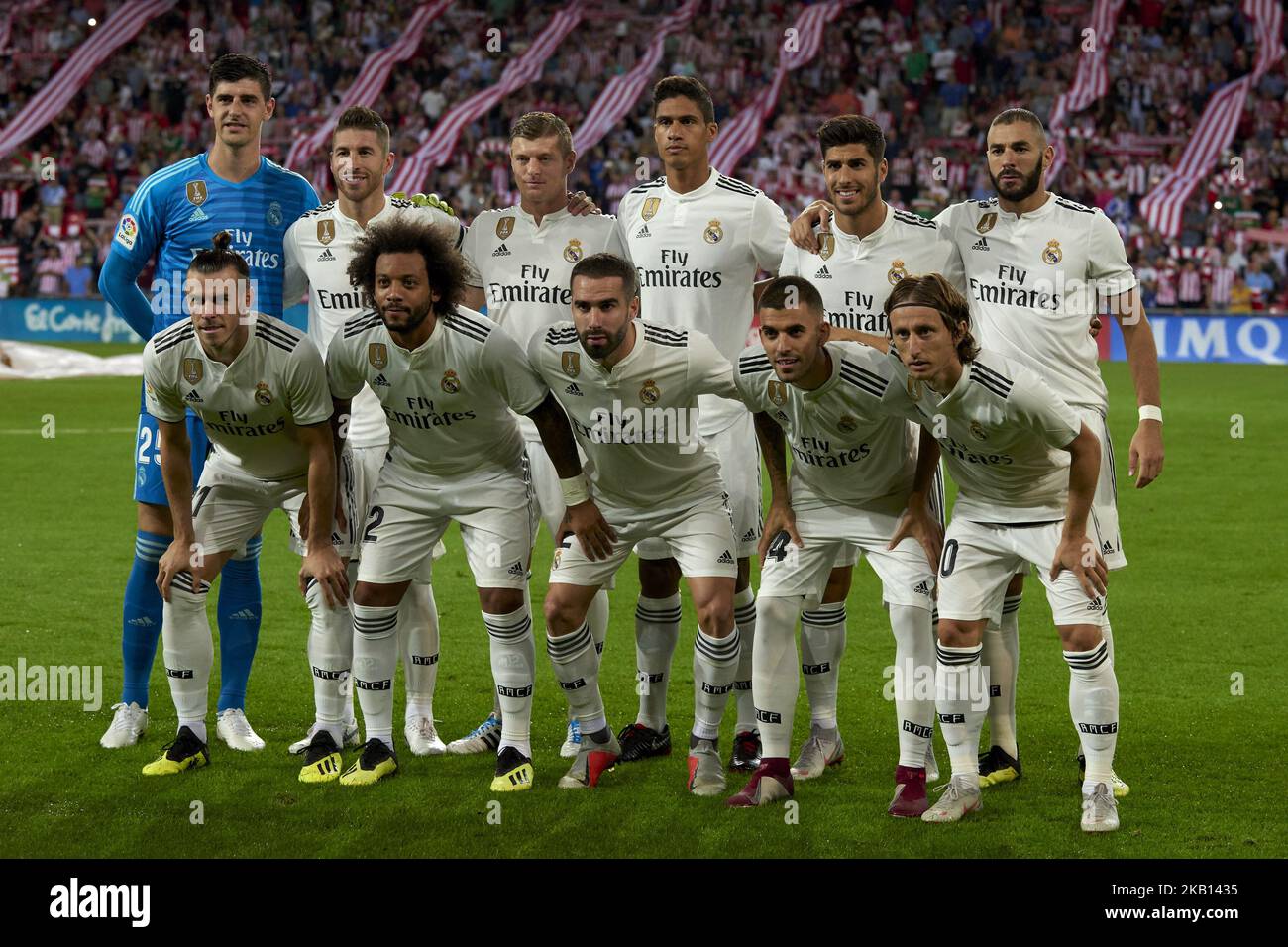 Line Up of Real Madrid (L-R) Thibaut Courtois, Sergio Ramos, Toni Kroos ...
