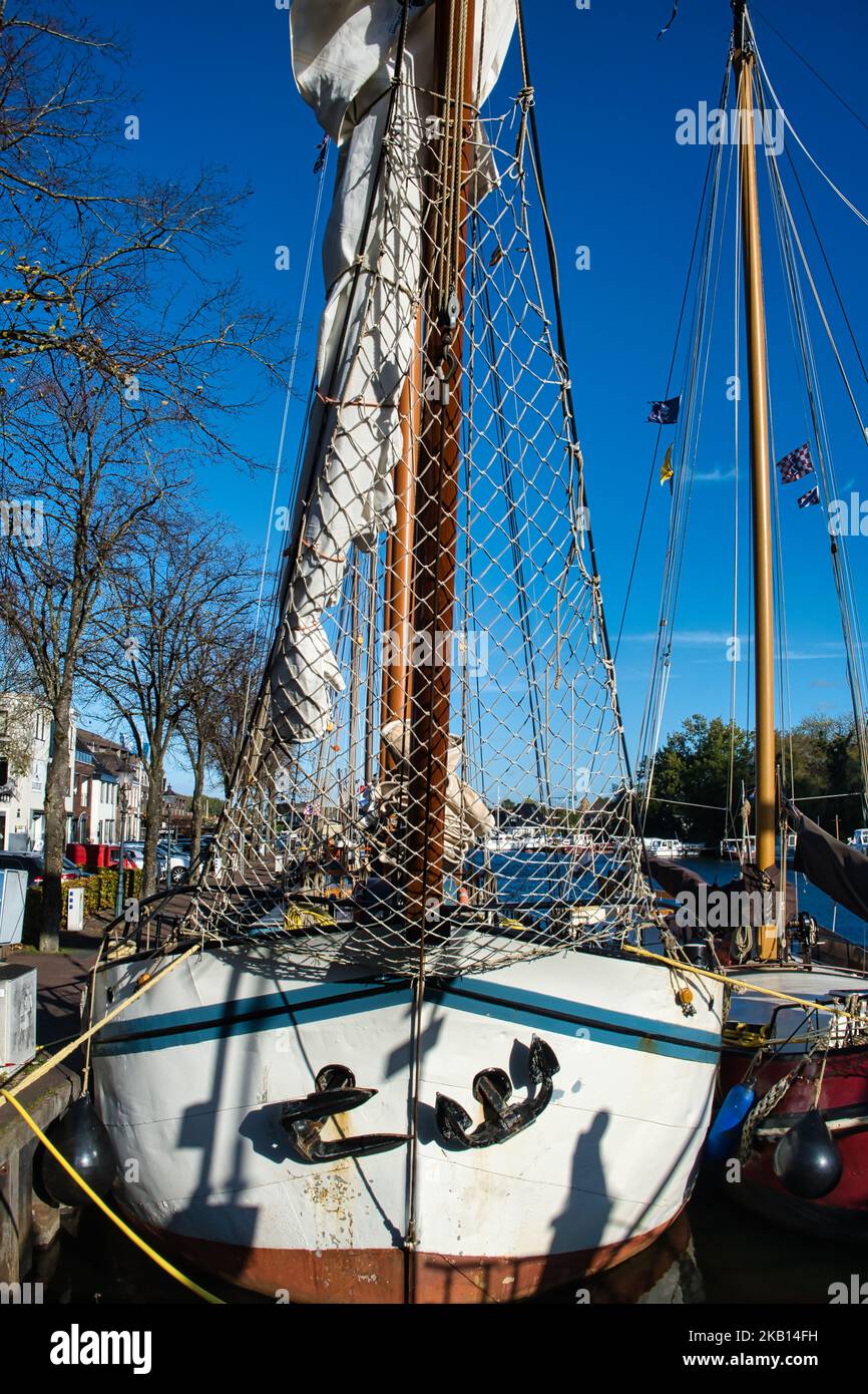 Bow, bowsprit and safety net of a classic Dutch sailing clipper in the ...