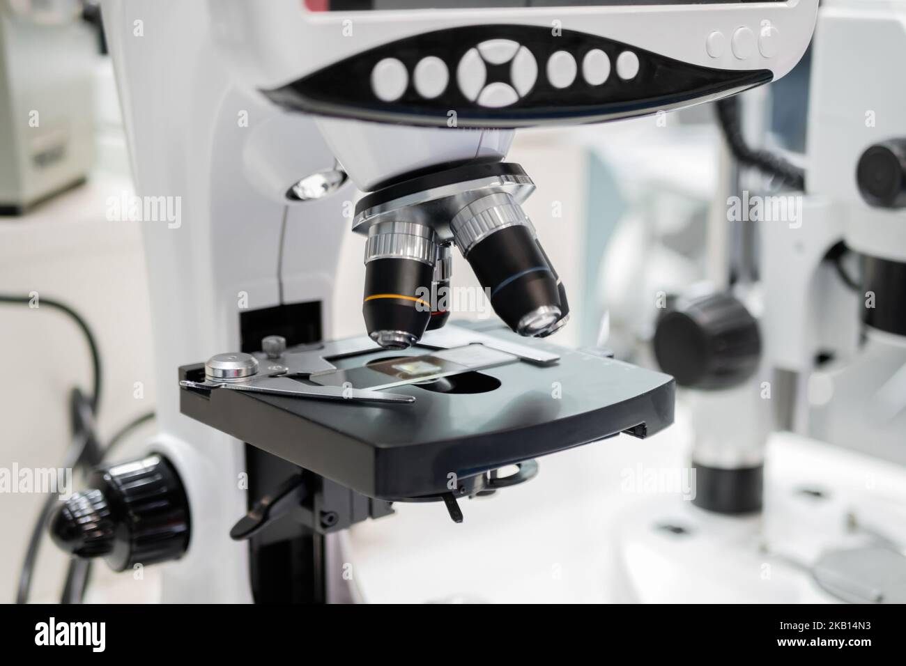 Professional microscope at technology exhibition, trade show Stock ...