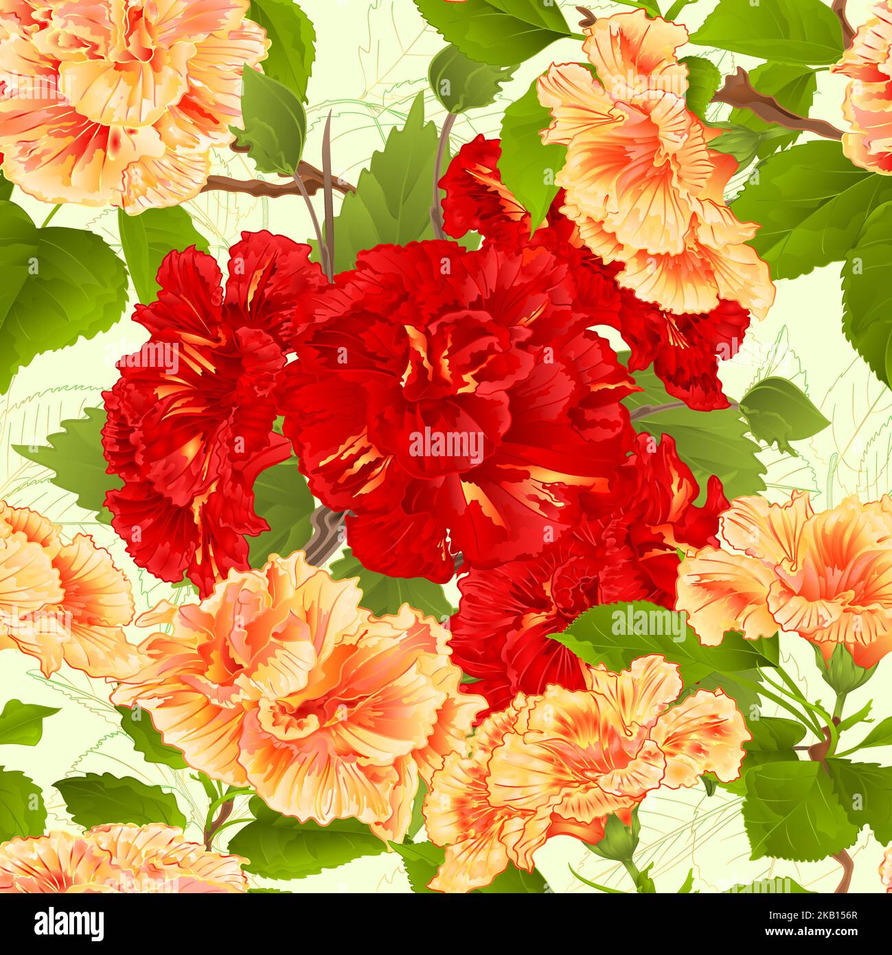 Seamless texture hibiscus Yellow and red tropical flowers branches on a ...