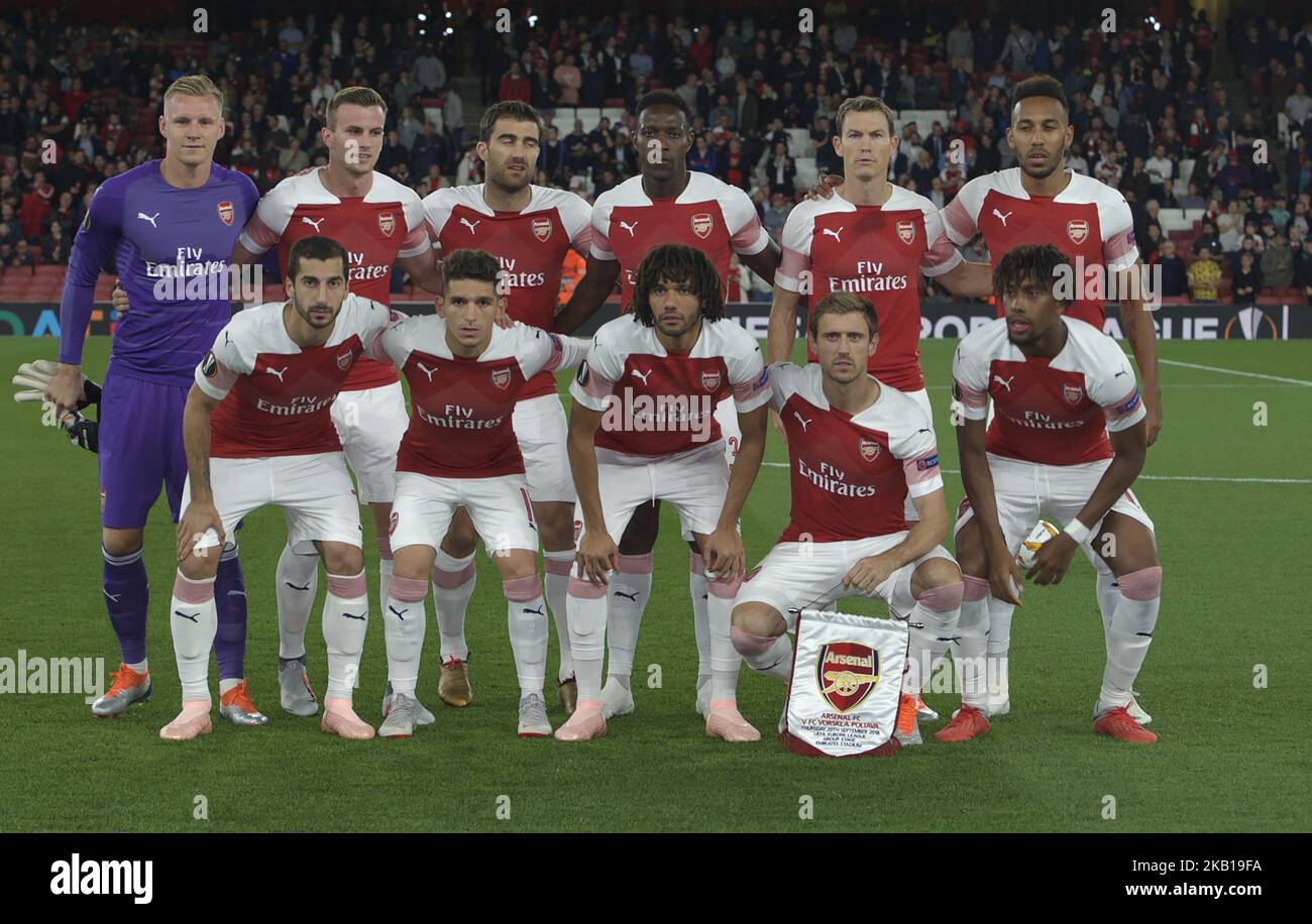 Arsenal Team L-R BACK ROW: Arsenal's Bernd Leno, Arsenal's Rob Holding ...
