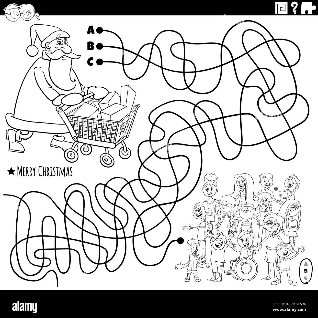Black and white cartoon illustration of lines maze puzzle game with Santa Claus character with ...
