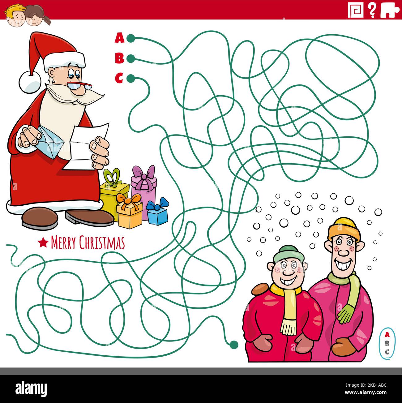 Cartoon illustration of lines maze puzzle game with Santa Claus ...