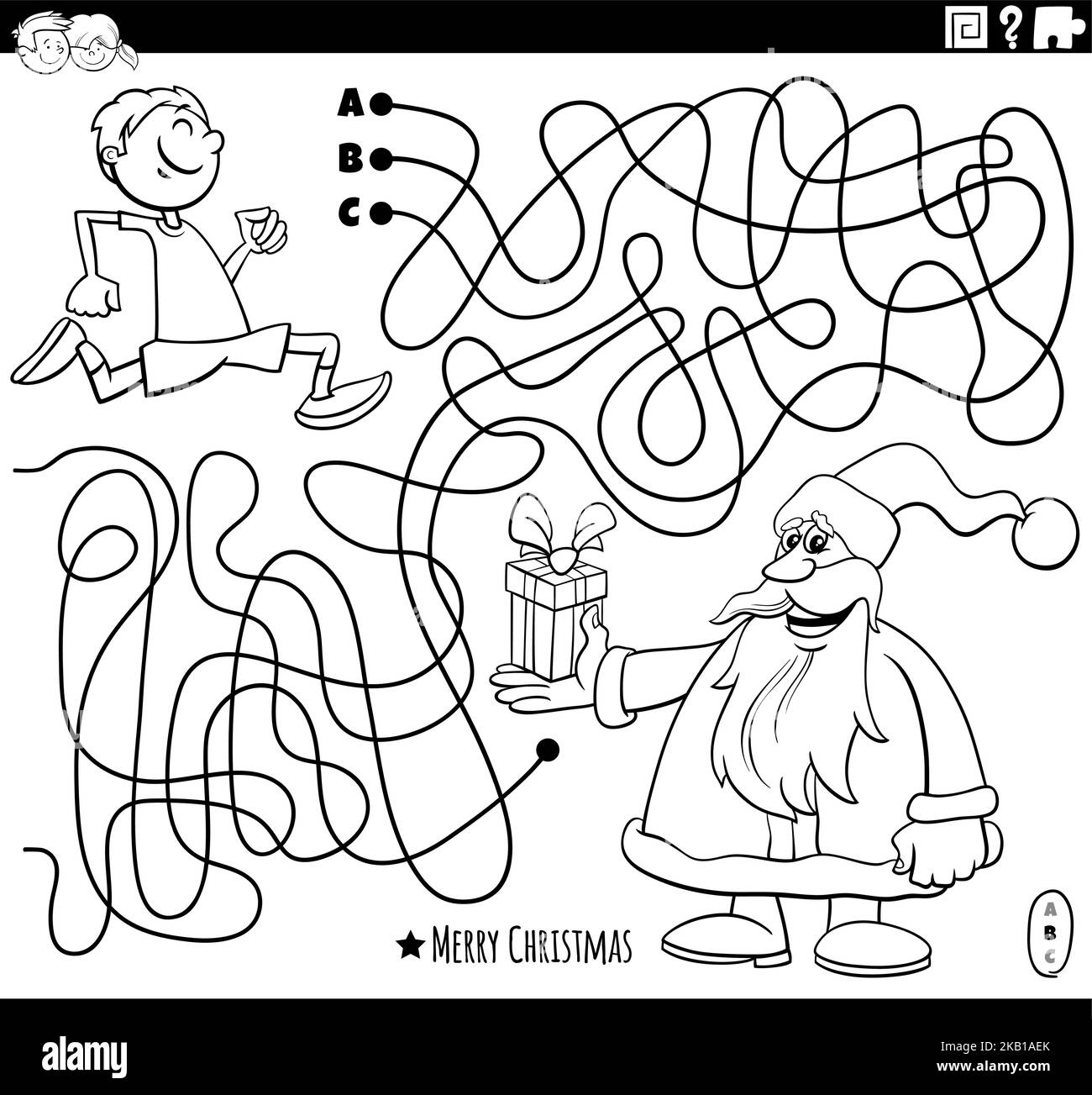 Black and white cartoon illustration of lines maze puzzle game with ...