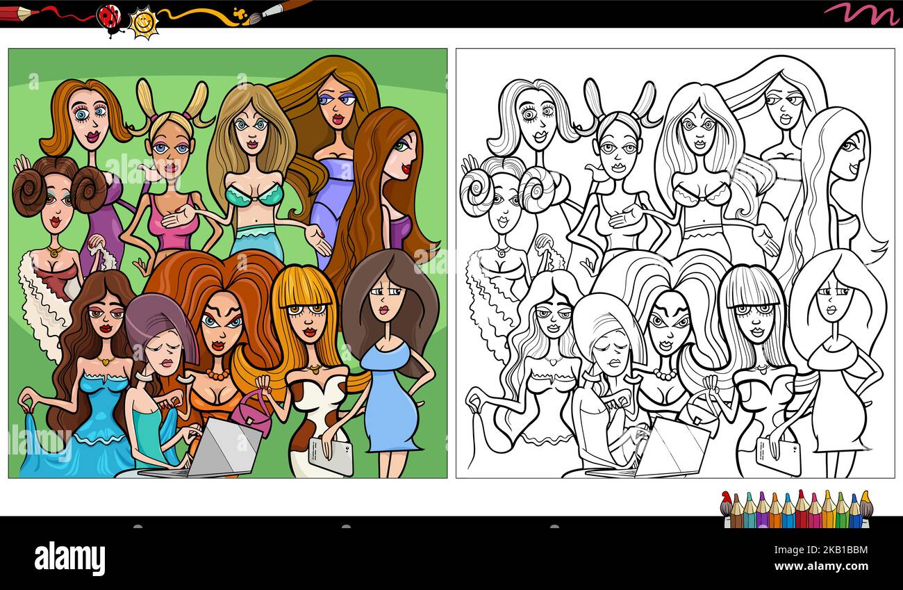 Cartoon illustration of funny girls and women comic characters group ...