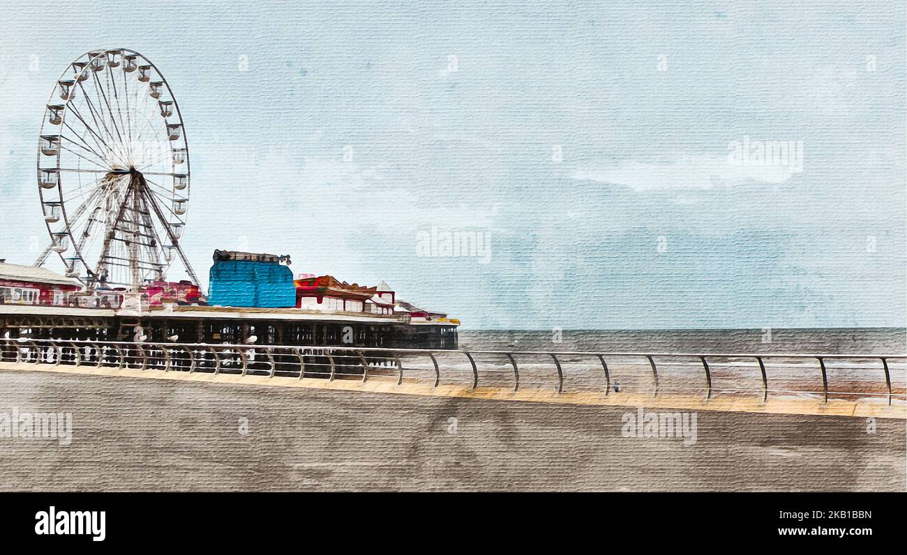 Watercolor painting on canvas. Blackpool England. Travel illustration ...