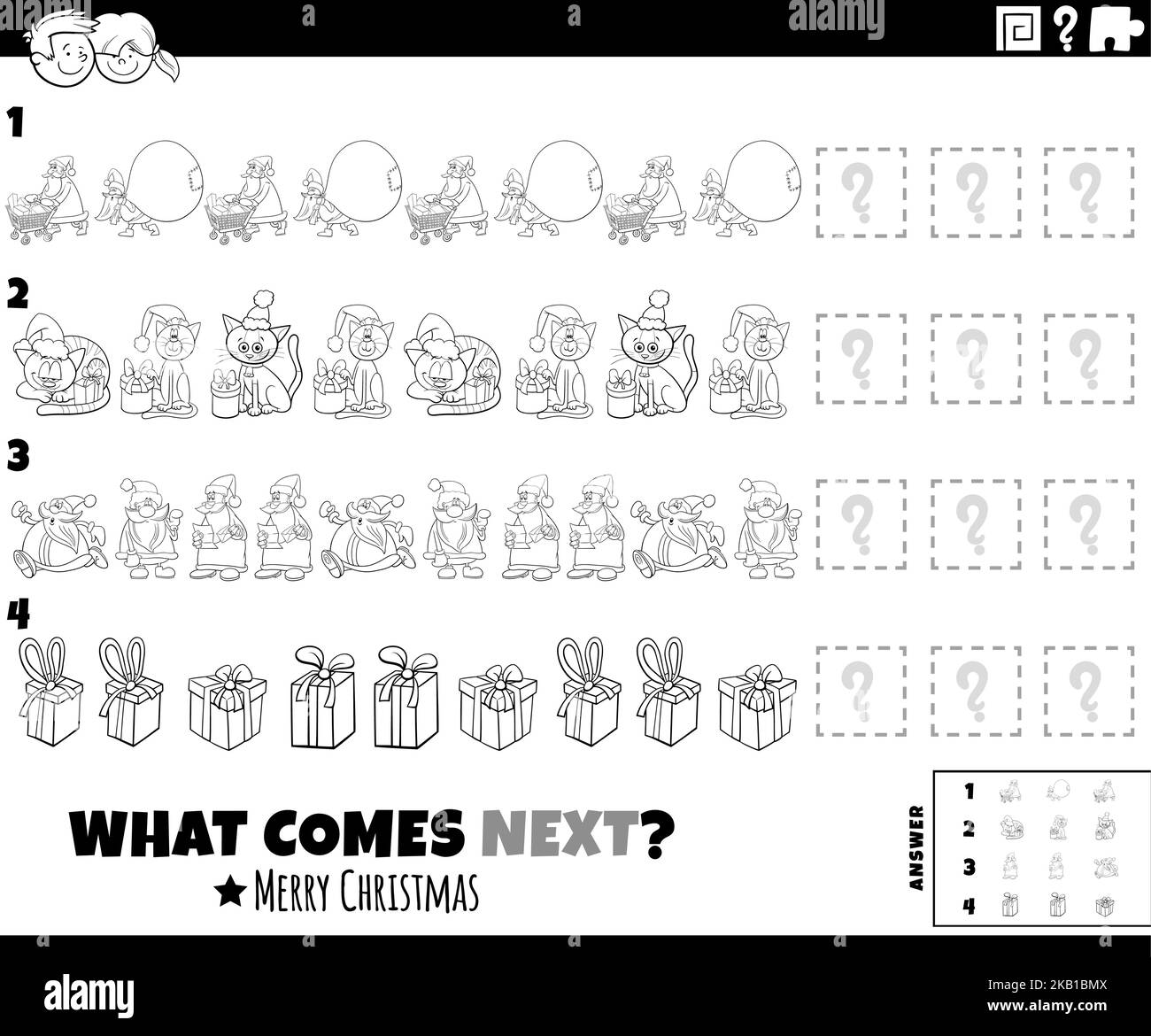 Black and white cartoon illustration of completing the pattern ...