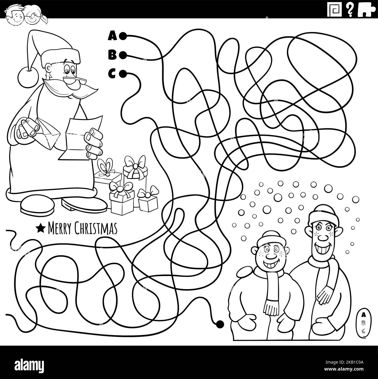 Black and white cartoon illustration of lines maze puzzle game with Santa Claus character with ...