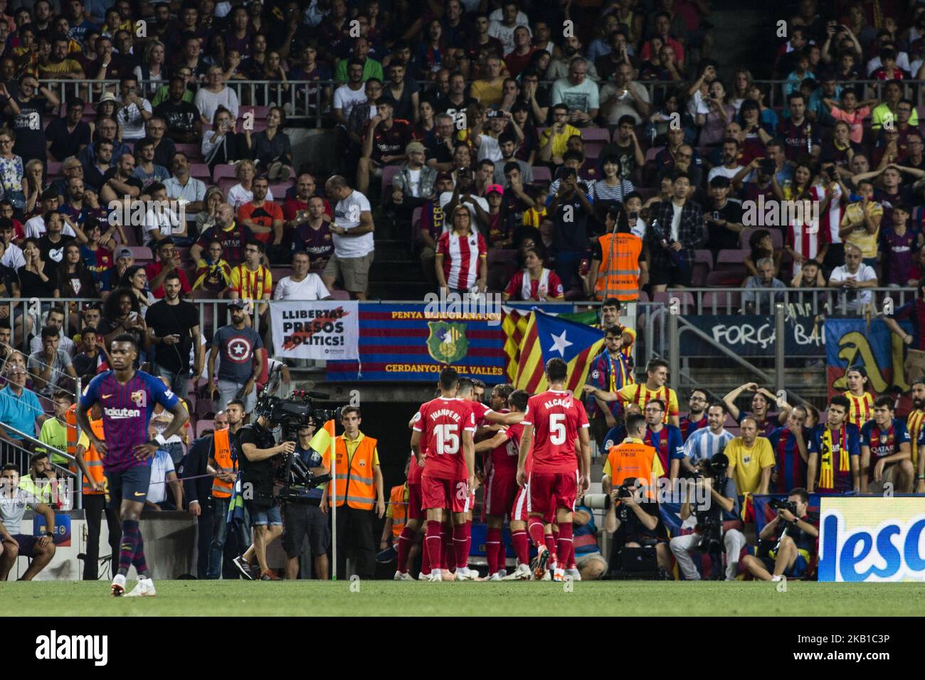 Girona team celebrating their second goal during the La Liga game ...