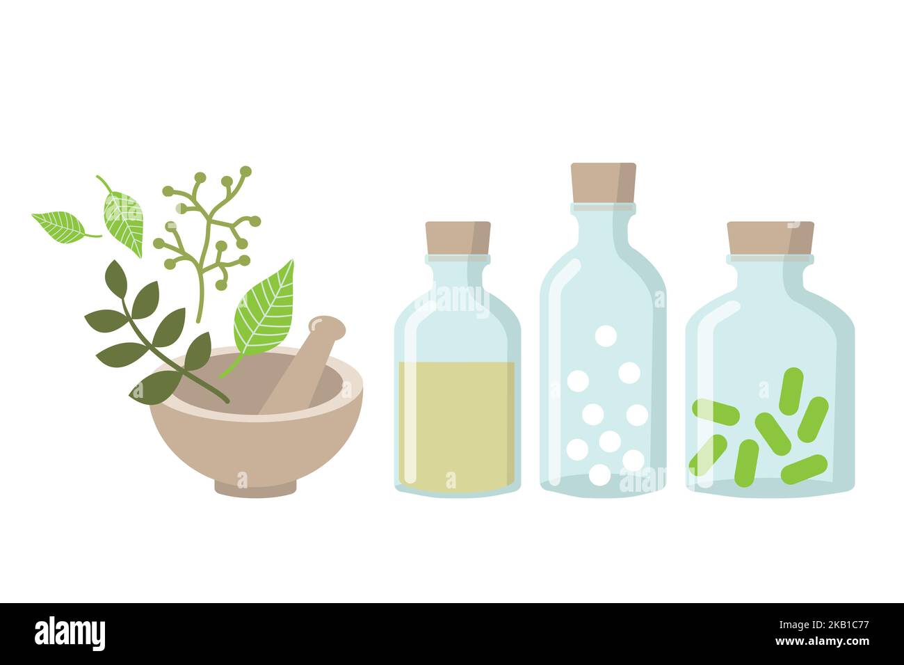 Alternative medicine vector illustration. Set of glass jars, mortar and ...