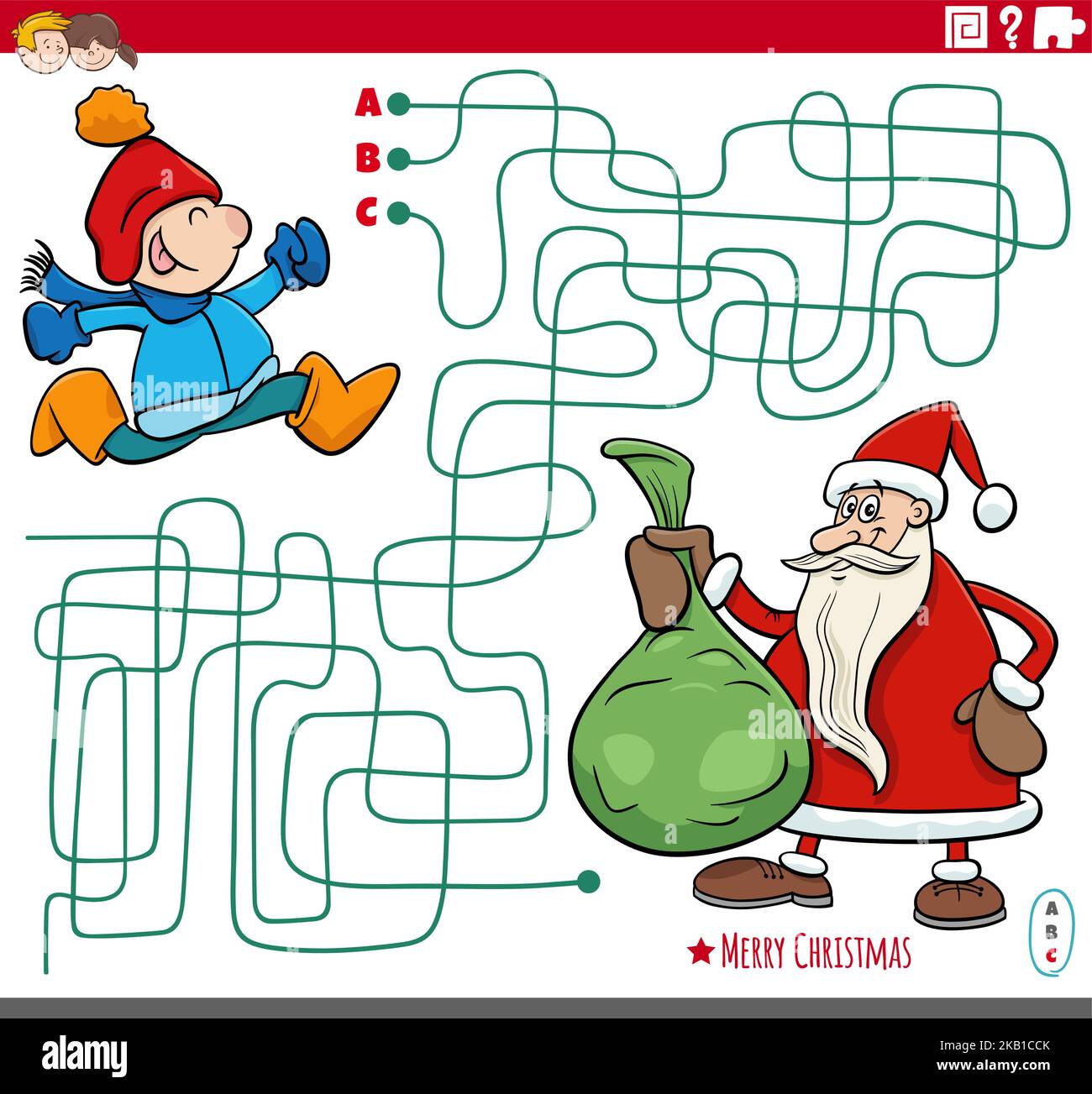 Cartoon illustration of lines maze puzzle game with Santa Claus ...