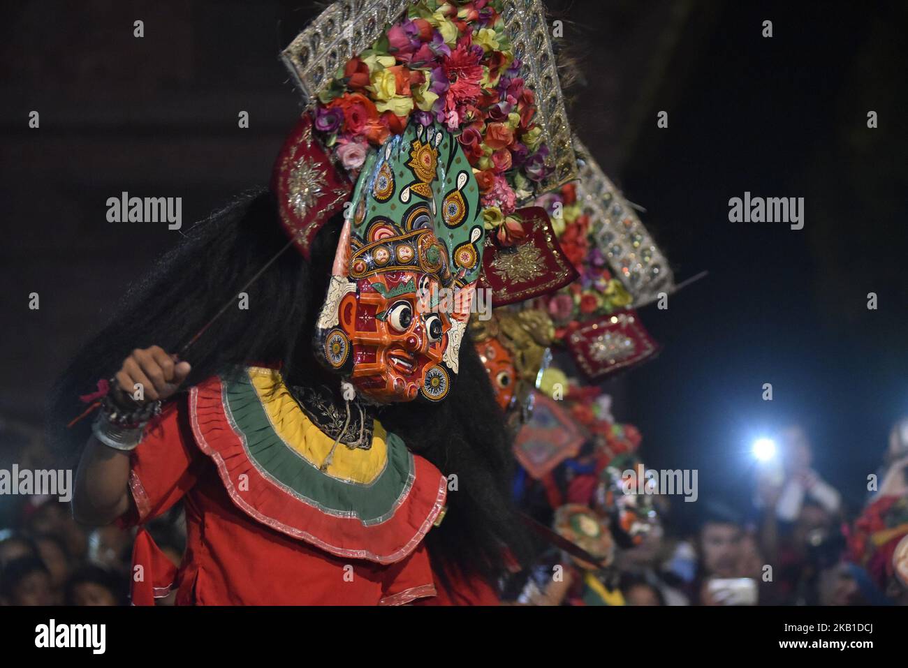 Masked dancers perform ritual triditional dance during Indra Jatra ...