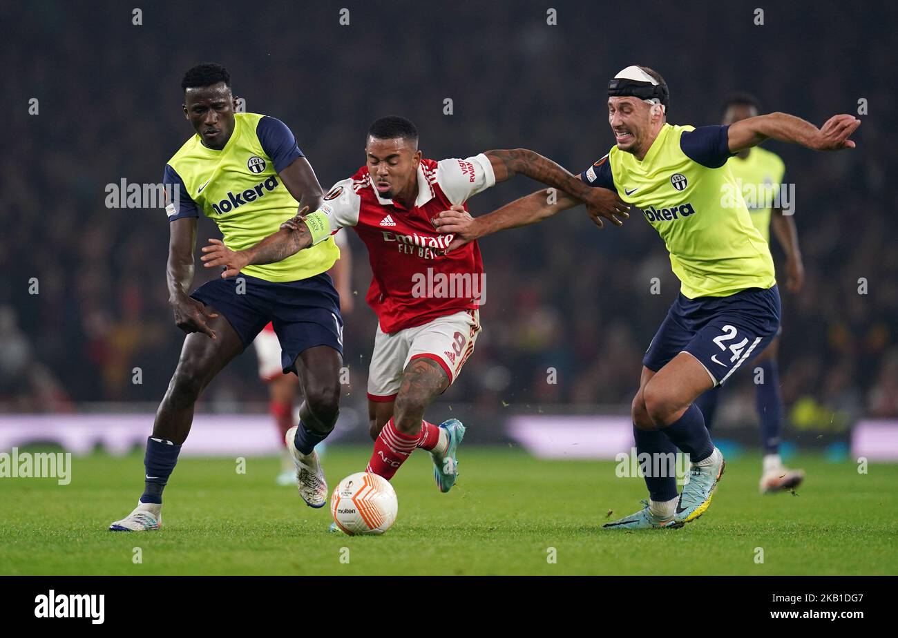 Arsenal's Gabriel Jesus (centre) battles with FC Zurich's Cheick Conde ...