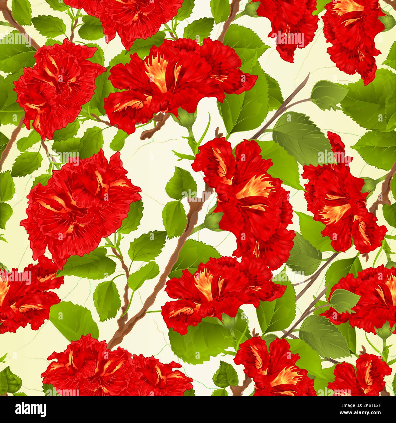Seamless texture red hibiscus branches tropical flowers vintage vector botanical illustration ...