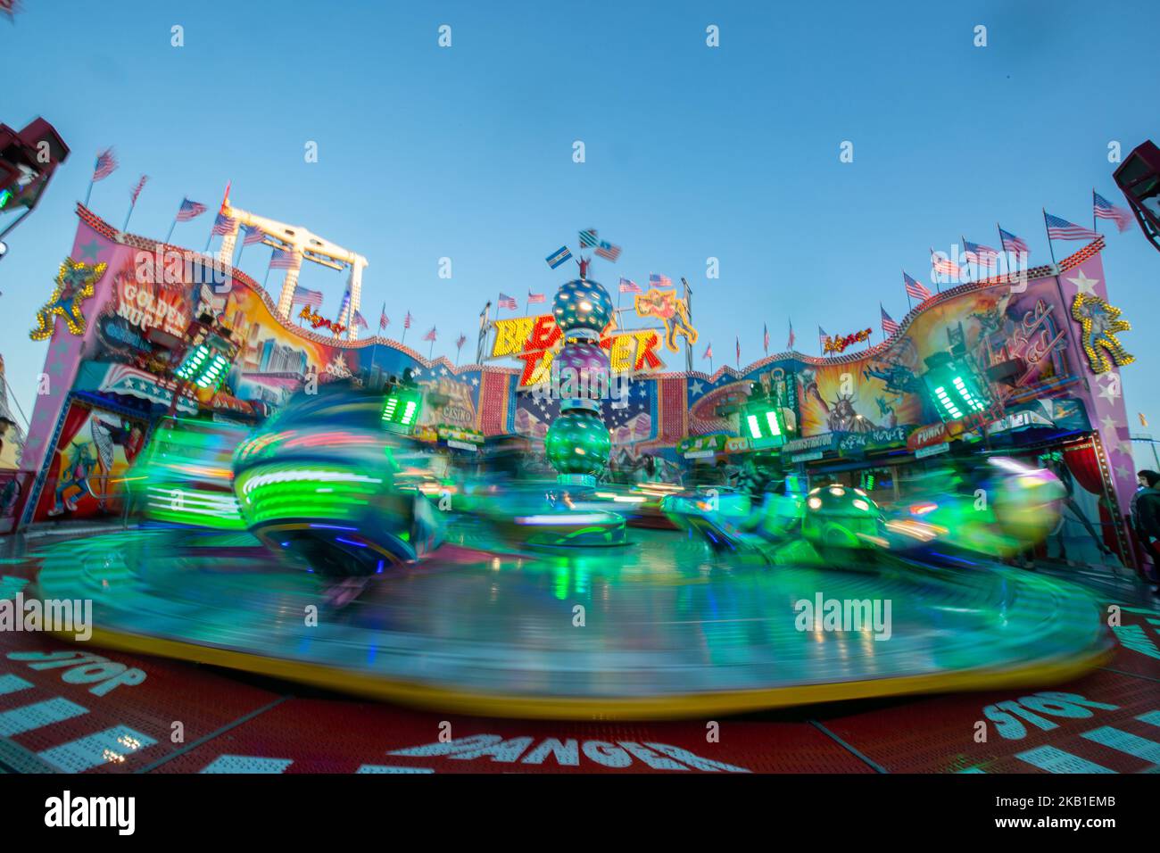A colorful fairground ride on Day 4 of the Oktoberfest. The Oktoberfest ...