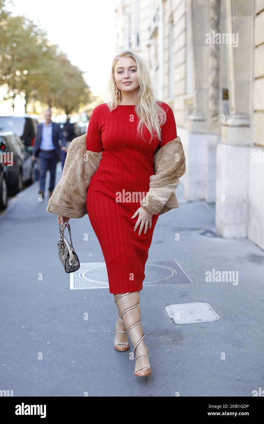 Model Iskra Lawrence poses in Paris, France, on September 27, 2018 ...