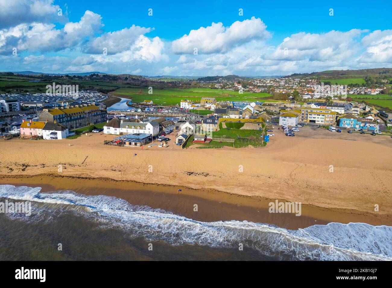 West Bay, Dorset, UK. 3rd November 2022. UK Weather. View from the air of the beach at the ...
