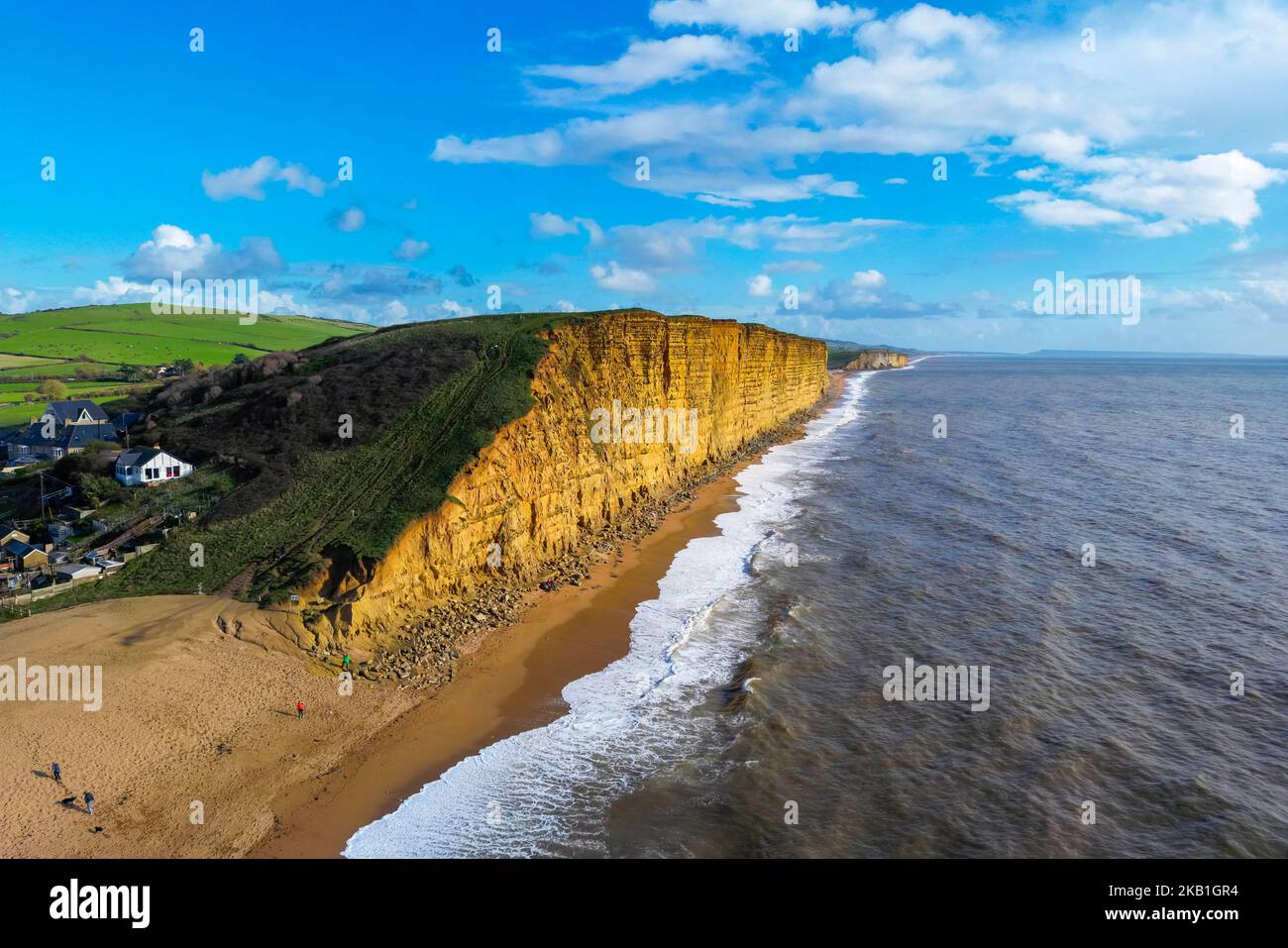 West Bay, Dorset, UK. 3rd November 2022. UK Weather. View from the air of the beach and ...