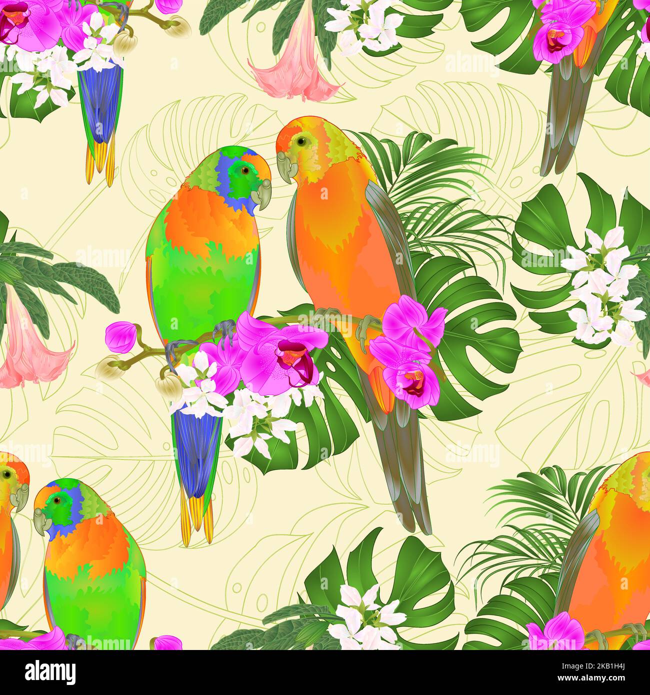 Seamless texture Sun Conure Parrots tropical birds standing on a purple ...