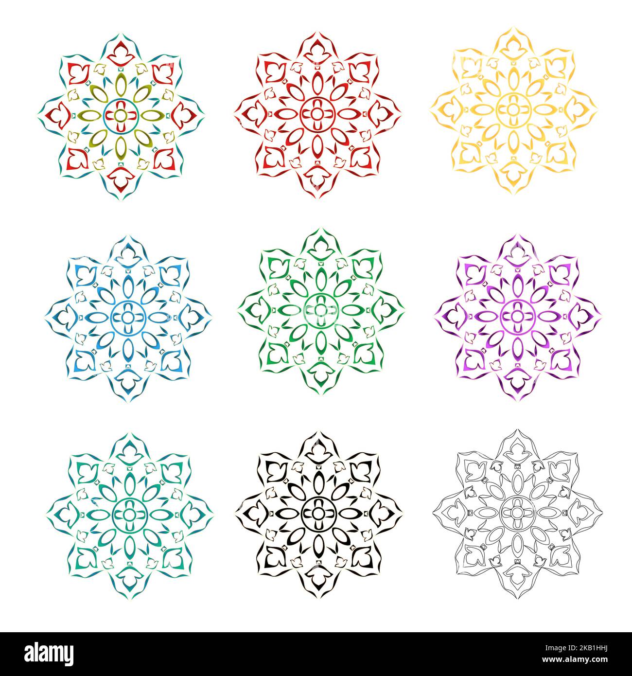Rosette decorative ornamental floral pattern various color outline and ...