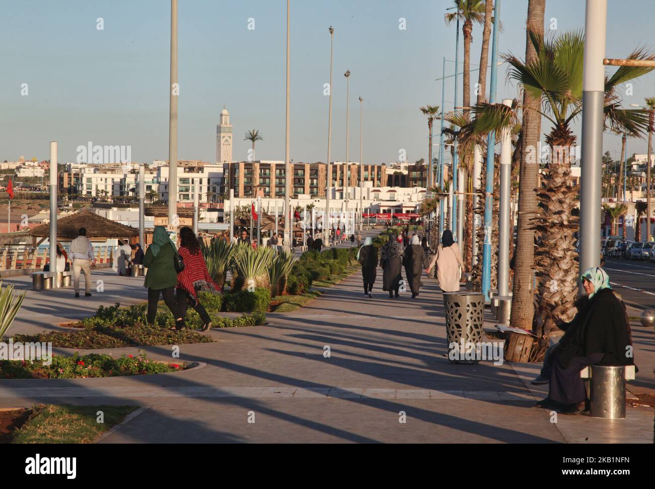 People walk along the Cornish in Casablanca, Morocco, Africa. The ...
