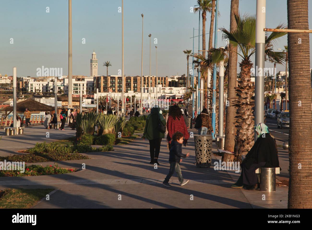 People walk along the Cornish in Casablanca, Morocco, Africa. The ...