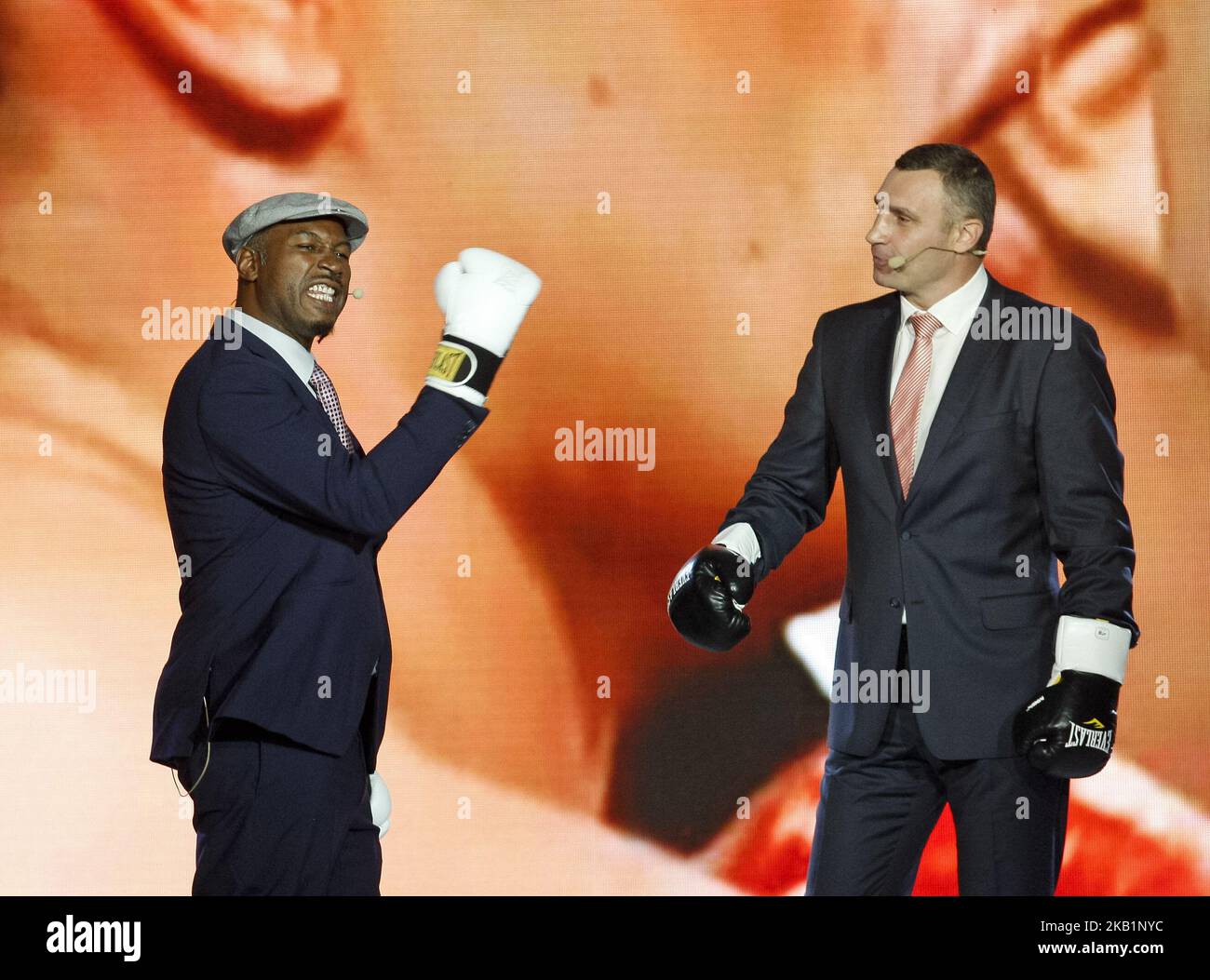 Ex heavyweight boxing champion Lennox Lewis (L) and Kiev's Mayor and ex ...